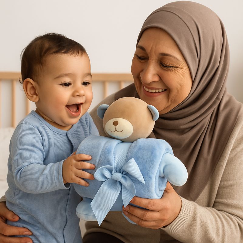 Peluche bébé nounours avec plaid - Soundouss sans yeux